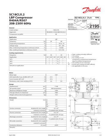 Danfoss SC18CLX.2 LBP Compressor R404A/R507 208-230V 60Hz 数据表 | Manualzz