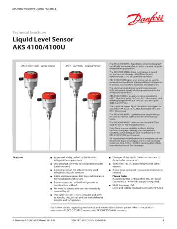 Danfoss Liquid Level Sensor, AKS 4100 and AKS 4100U Data Sheet | Manualzz