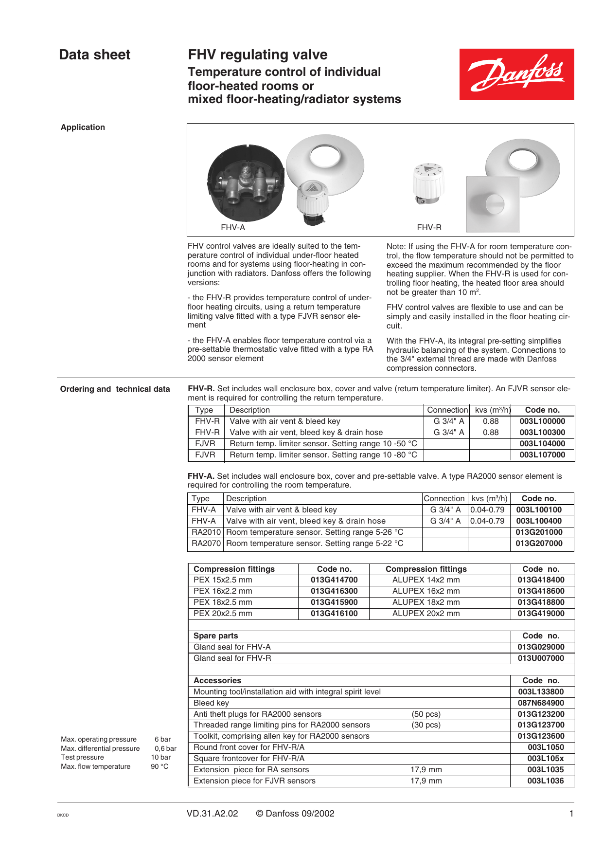 Danfoss FHV regulating valve Data Sheet | Manualzz