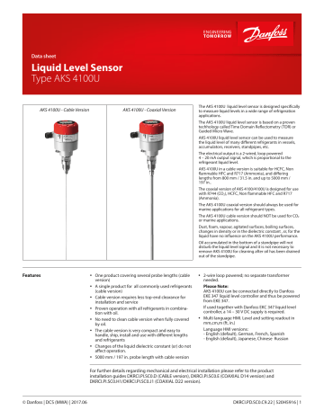 Danfoss Liquid Level Sensor, AKS 4100U Data Sheet | Manualzz