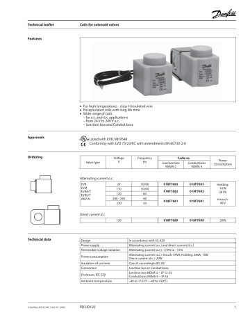 Danfoss Coils for solenoid valves Data Sheet | Manualzz