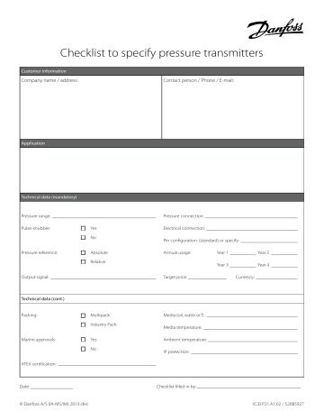 Danfoss Checklist - Pressure Transmitters Installation Guide | Manualzz