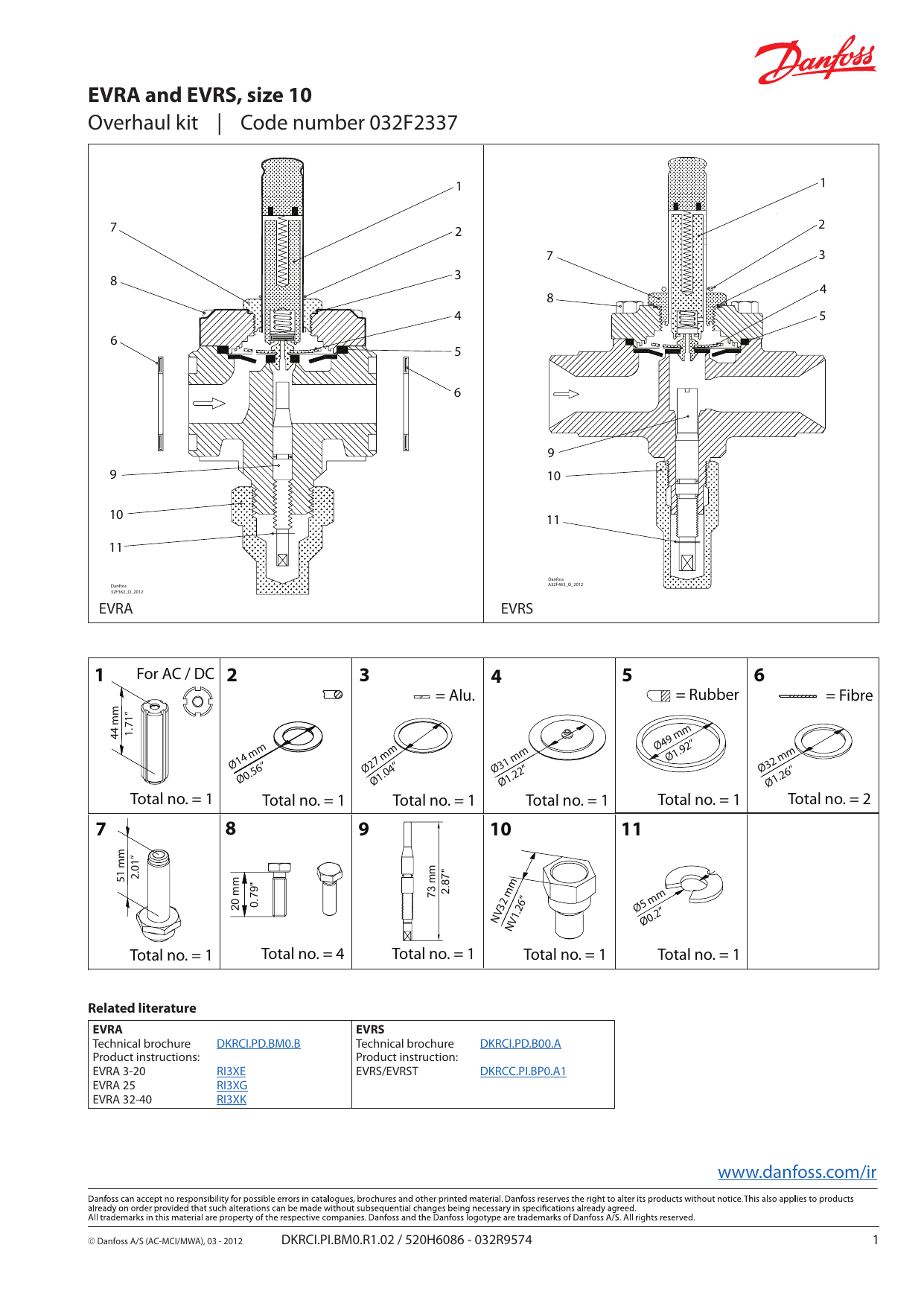 Danfoss Overhaul kit, EVRA/EVRS, size 10 - Code number 032F2337 ...