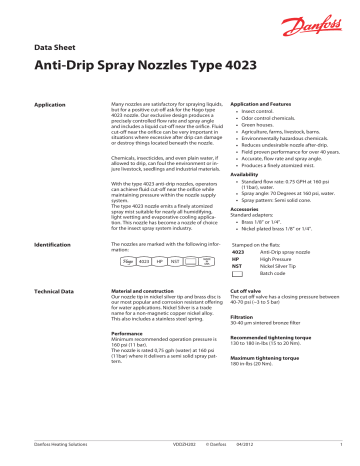 Danfoss Anti-Drip Spray Nozzles Type 4023 Data Sheet | Manualzz