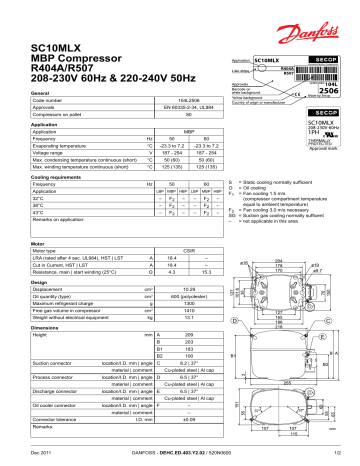 Danfoss SC10MLX MBP Compressor R404A/R507 208-230V 60Hz & 220-240V 50Hz ...