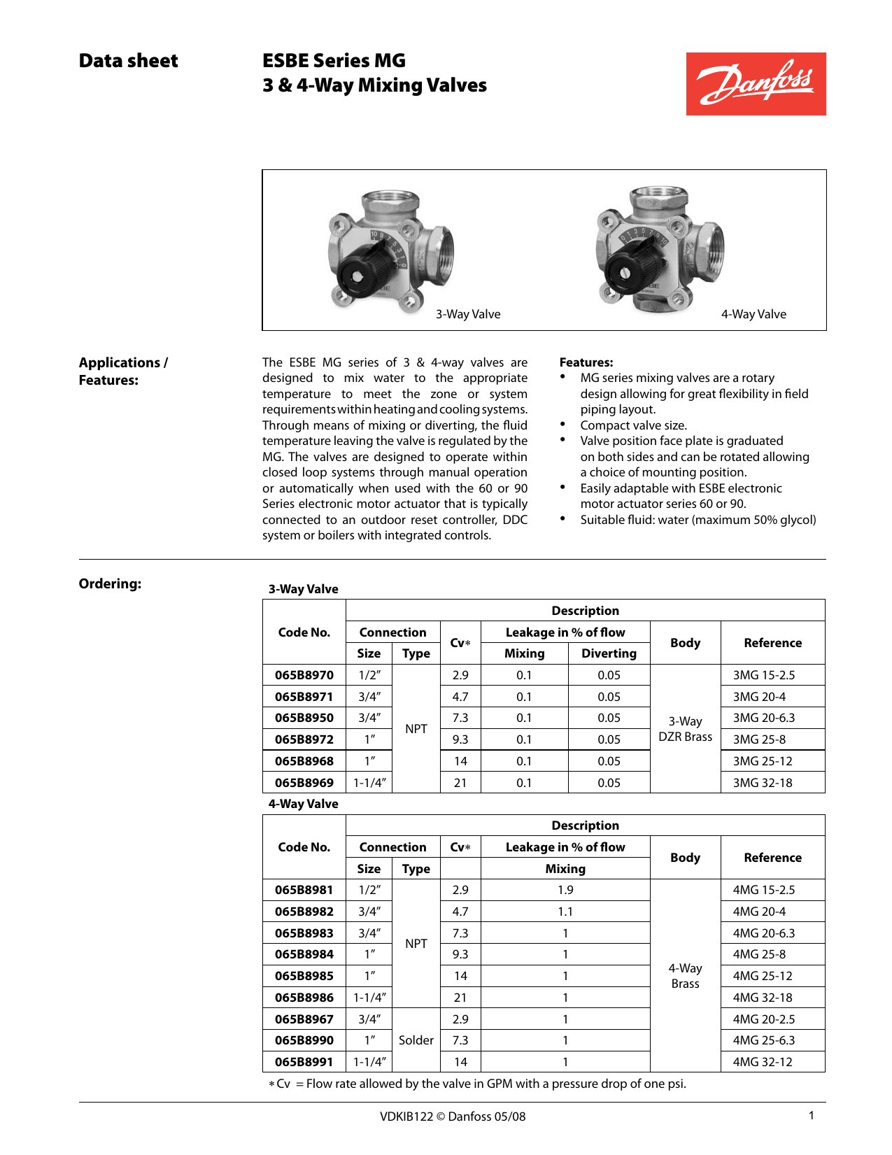 Danfoss ESBE 3 & 4 Way Mixing Valves Type MG Datasheet | Manualzz