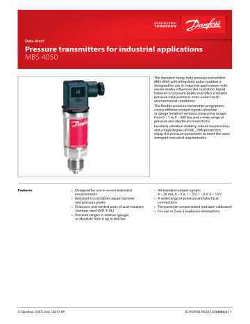 Danfoss Pressure transmitters for industrial Data Sheet | Manualzz