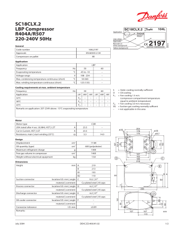 Danfoss SC18CLX.2 LBP Compressor R404A/R507 220V 50Hz 数据表 | Manualzz