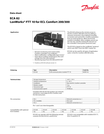 Danfoss ECA 82, LonWorks FTT 10 for ECL Comfort 200/300 Data Sheet ...