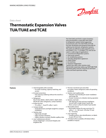 Danfoss Thermostatic Expansion Valves TUA/TUAE and TCAE 数据表 | Manualzz