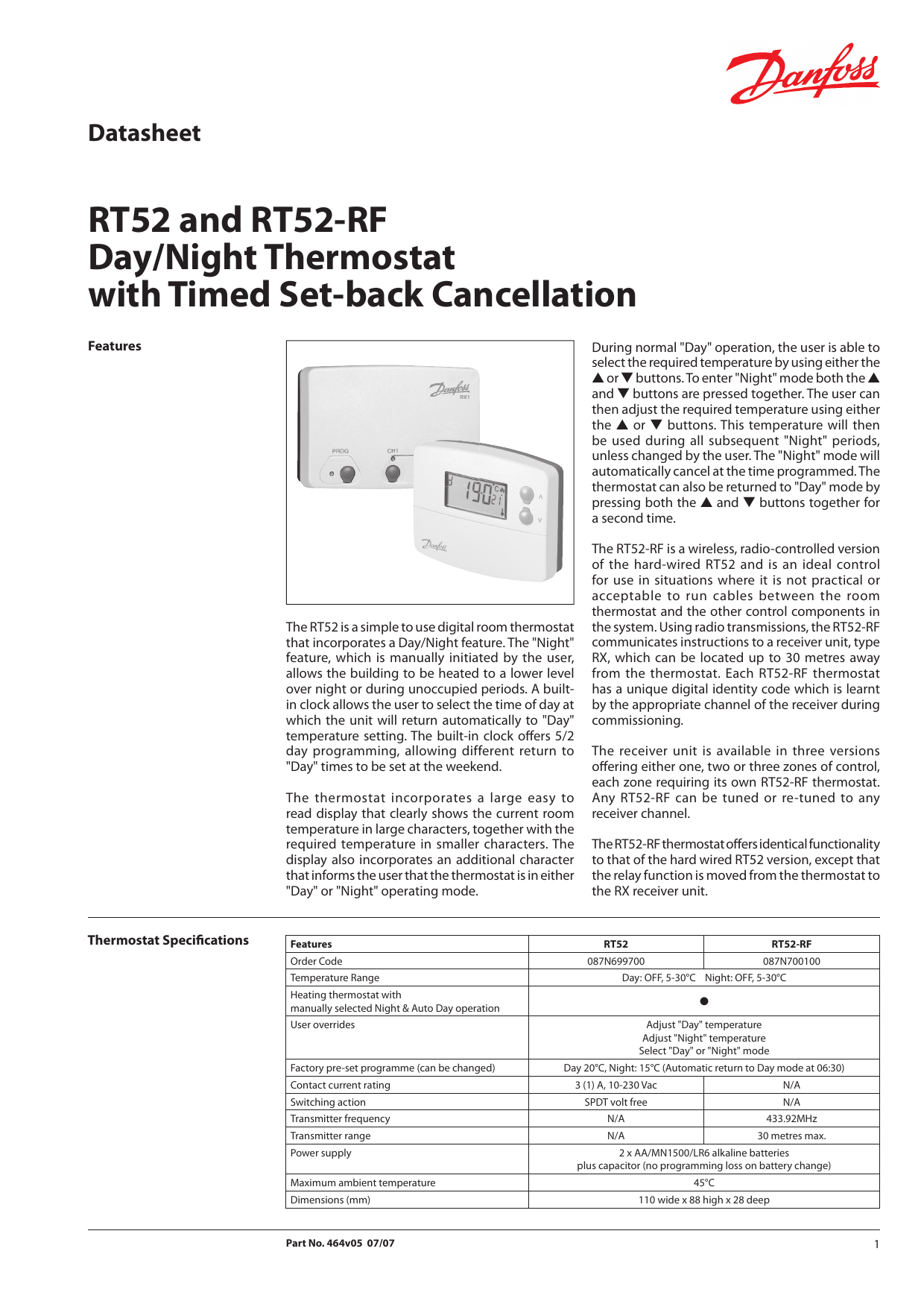 Danfoss RT52 and RT52 RF Datasheet | Manualzz