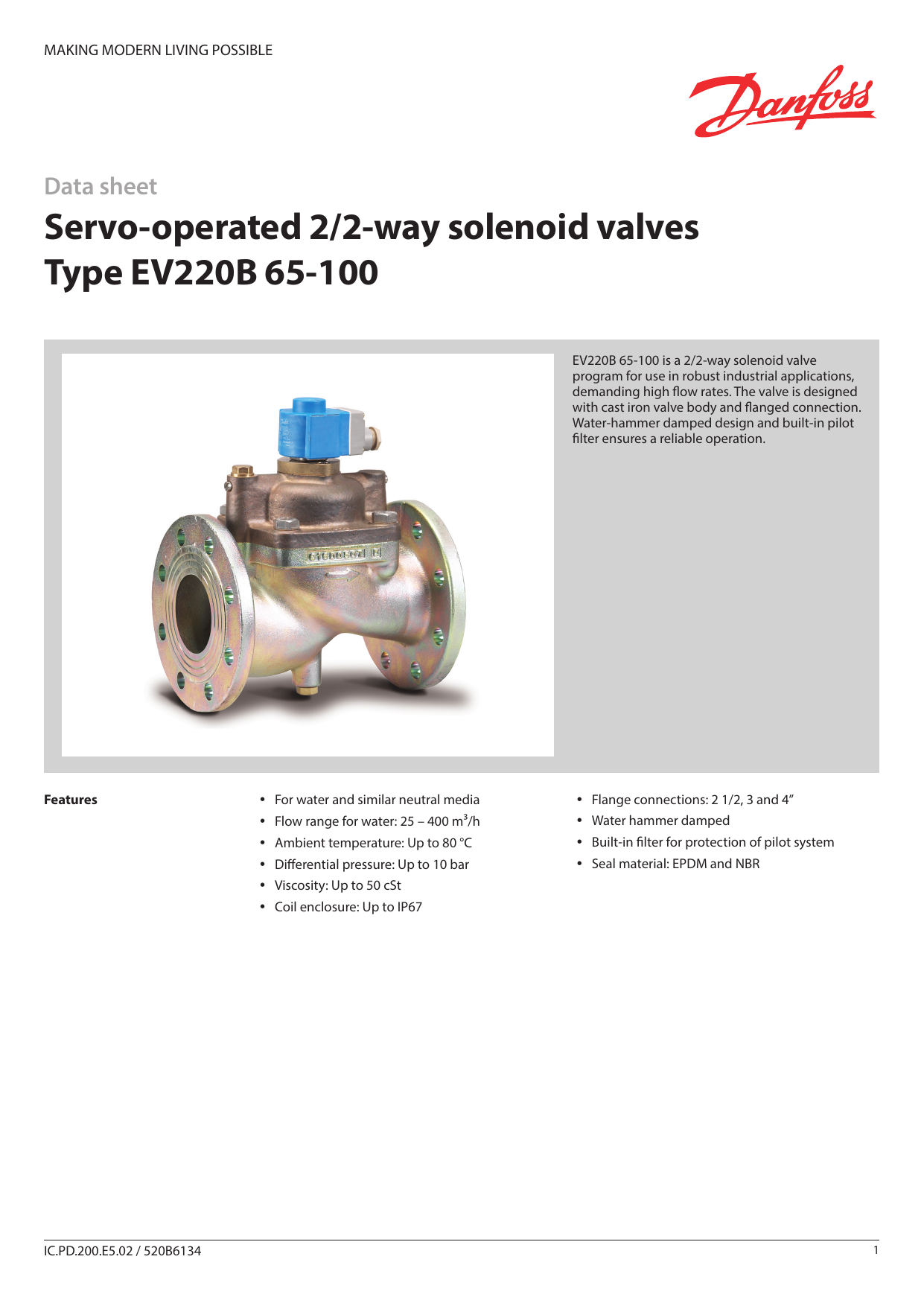 Danfoss Servo-operated 2/2-way solenoid valves EV220B 65-100 Data Sheet ...