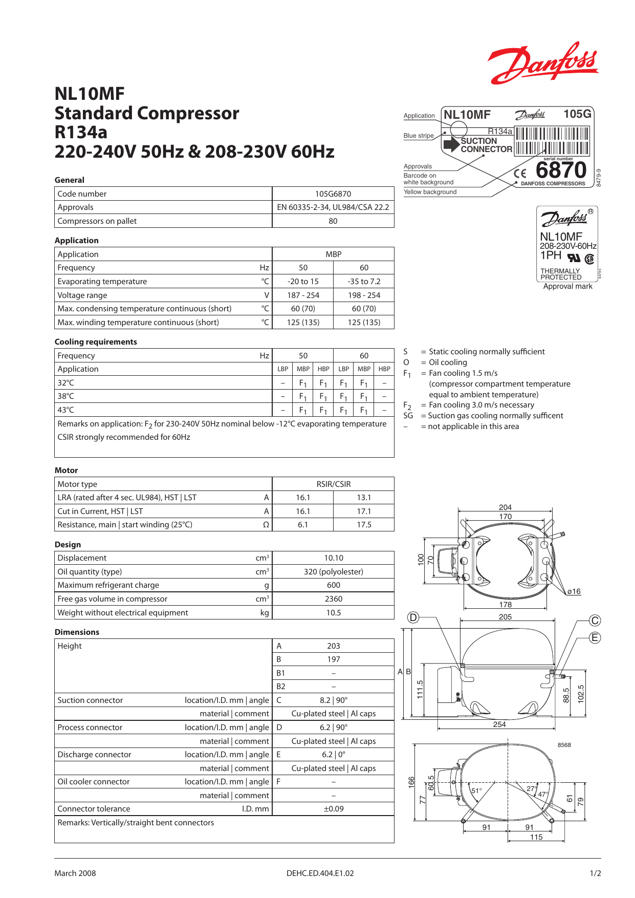 Danfoss NL10MF Standard Compressor R134a 220-240V 50/60Hz (vertically ...