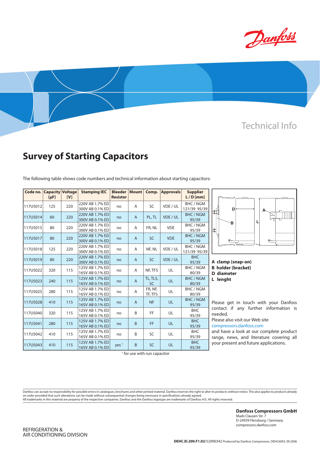 Danfoss Survey of Starting Capacitors Installation guide | Manualzz