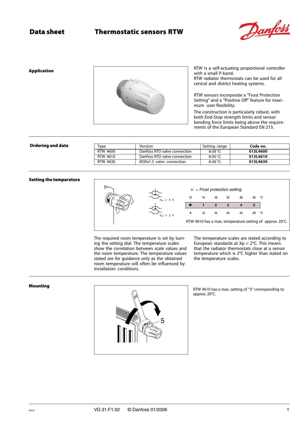 Danfoss Thermostatic sensors type RTW Data Sheet | Manualzz