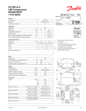 Danfoss SC18CLX.2 LBP Compressor R404A/R507 115V 60Hz 数据表 | Manualzz