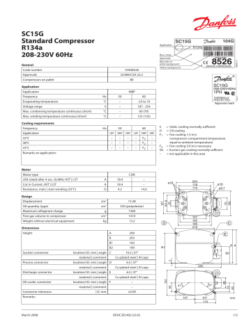 Danfoss SC15G Universal Compressor R134a 208-230V 60Hz 数据表 | Manualzz
