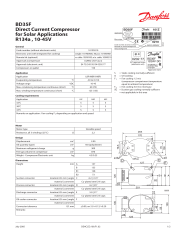 Danfoss BD35F Direct Current Compressor for Solar Data Sheet | Manualzz