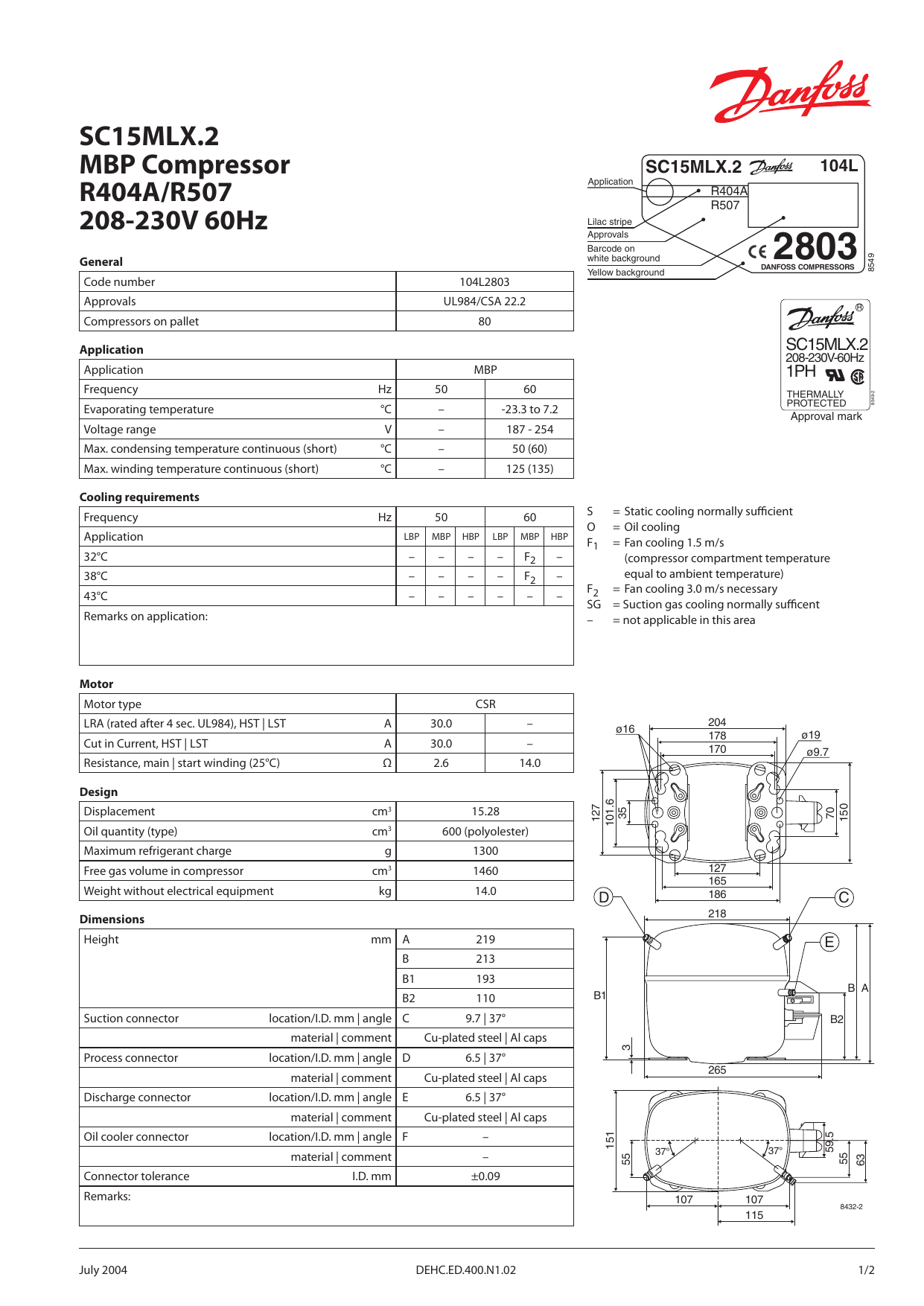 Danfoss SC15MLX.2 MBP Compressor R404A/R507 208-230V 60Hz Datasheet ...