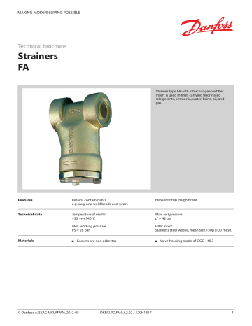 Danfoss Strainers, type FA Data Sheet | Manualzz