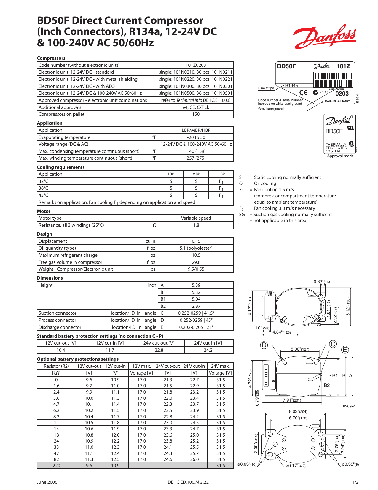 Danfoss BD50F (Inch Connectors) Direct Current Compressor R134a 12-24V ...