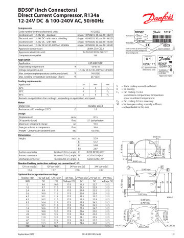 Danfoss BD50F (Inch Connectors) Direct Current Compressor R134a 12-24V DC & 100-240V AC 50/60Hz ...