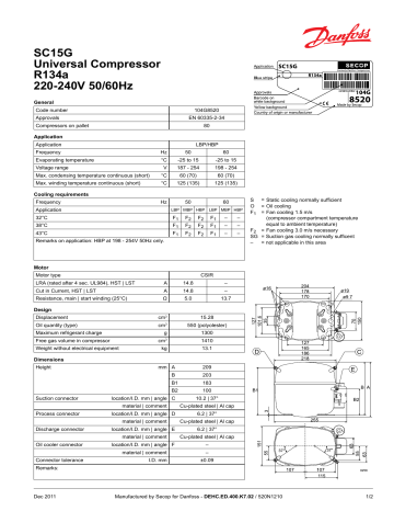 Danfoss SC15G Universal Compressor R134a 220-240V 50Hz 数据表 | Manualzz