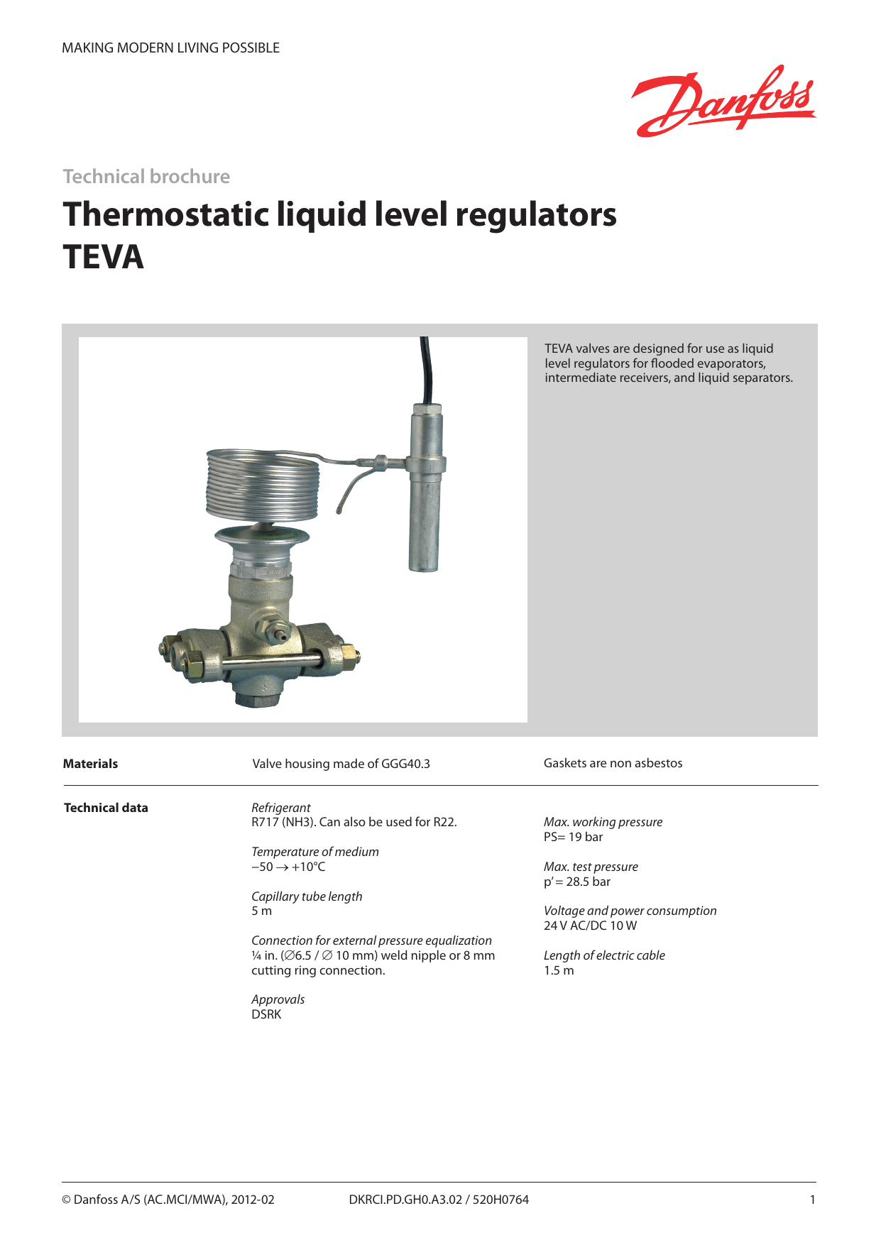 Danfoss Thermostatic liquid level regulators, type TEVA Data Sheet ...