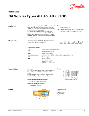 Danfoss Oil Nozzles Types AH, AS, AB & OD Data Sheet | Manualzz
