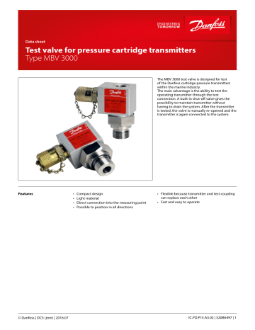 Danfoss MBV 3000, Test valve for pressure cartridge transmitters Data ...