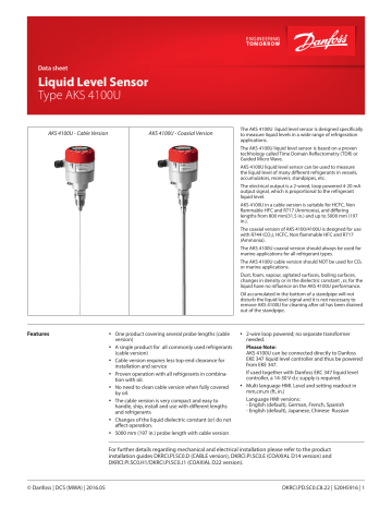 Danfoss Liquid Level Sensor, AKS 4100U Data Sheet | Manualzz