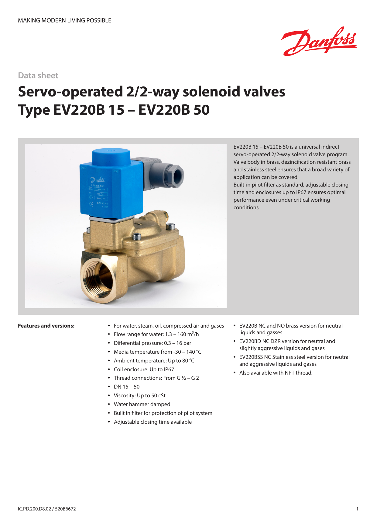 Danfoss Servo-operated 2/2-way solenoid valves Type EV220B 15 - EV220B ...