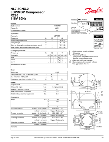 Danfoss NL7.3CNX.2 LBP/MBP Compressor R290 115V 60Hz 数据表 | Manualzz