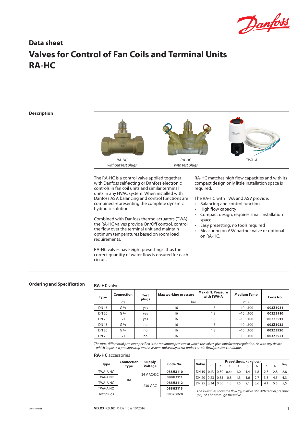 Danfoss RA-HC Valves for Control of Fan Coils and Terminal Units ...