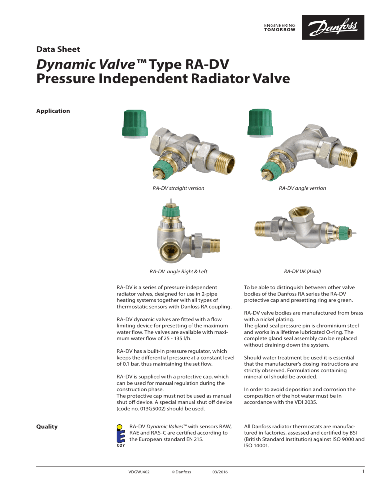 Danfoss Dynamic Valve™ Type RA-DV, Pressure Independent Radiator Valve ...