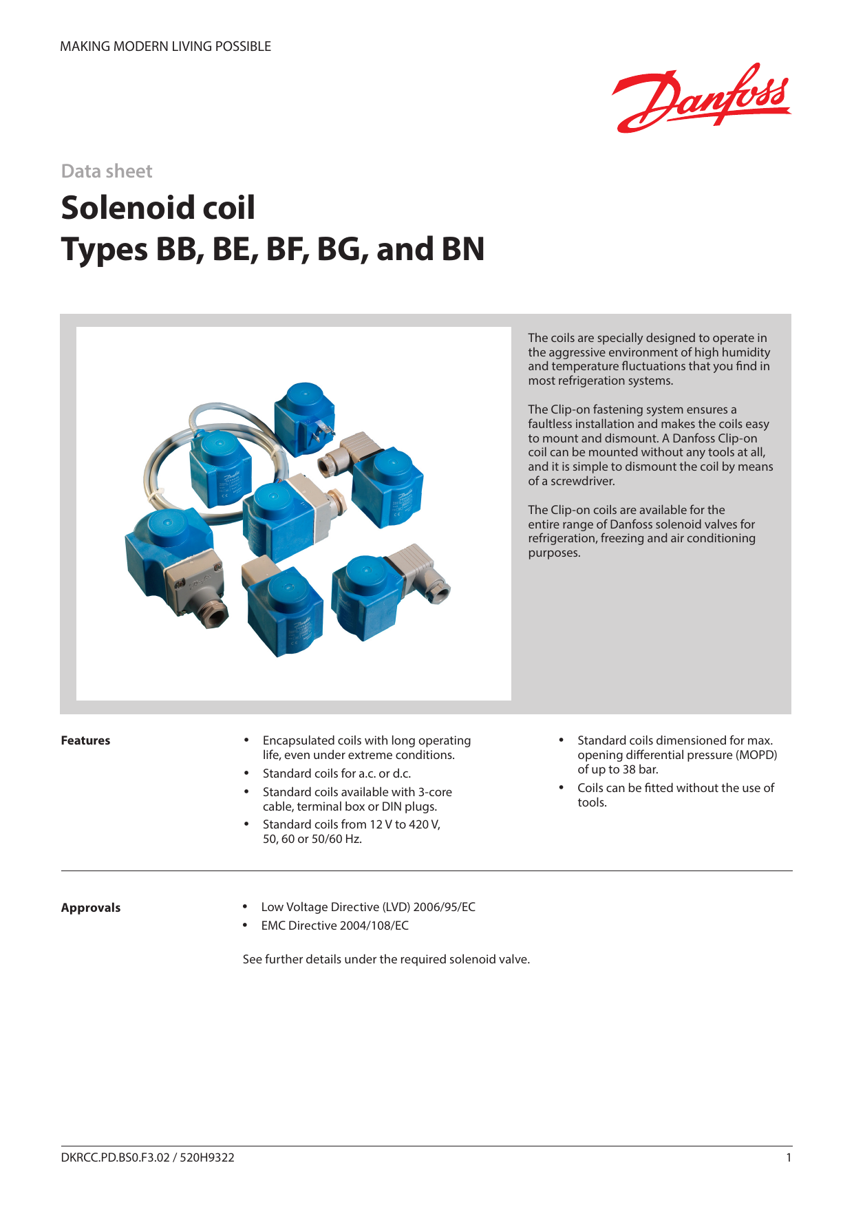 Danfoss Solenoid coils. Types BB, BE, BF, BG, and BN Datasheet | Manualzz