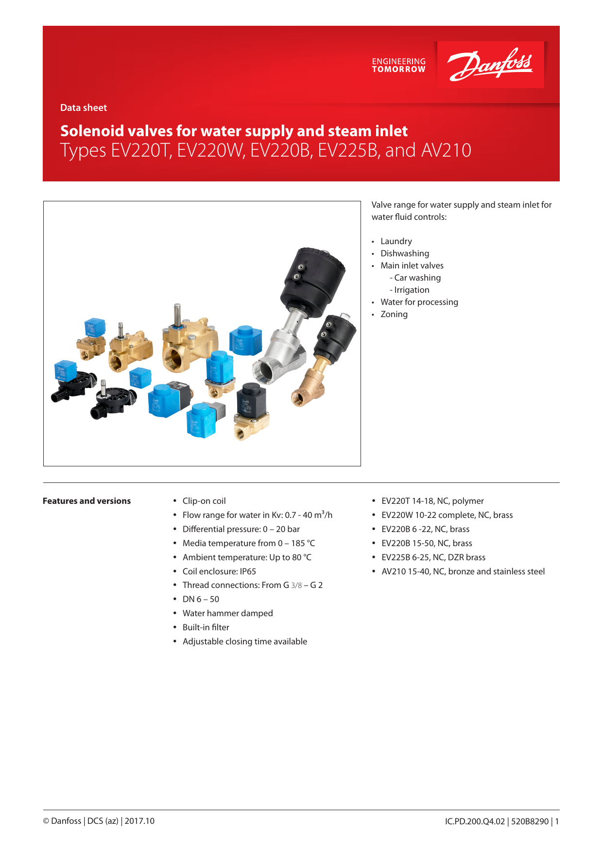 Danfoss Inlet valves for water supply and steam. Type EV220T, EV220W ...