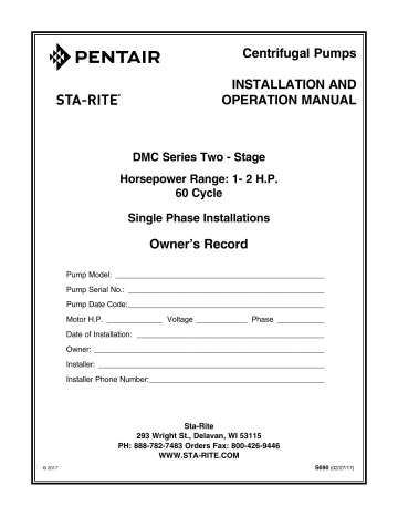 Sta-rite DMC Series Centrifugal Pumps Installation and Operation Manual ...