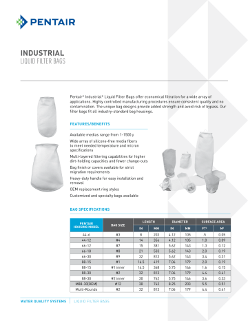 Pentair Liquid Filter Bags Spec Sheet | Manualzz