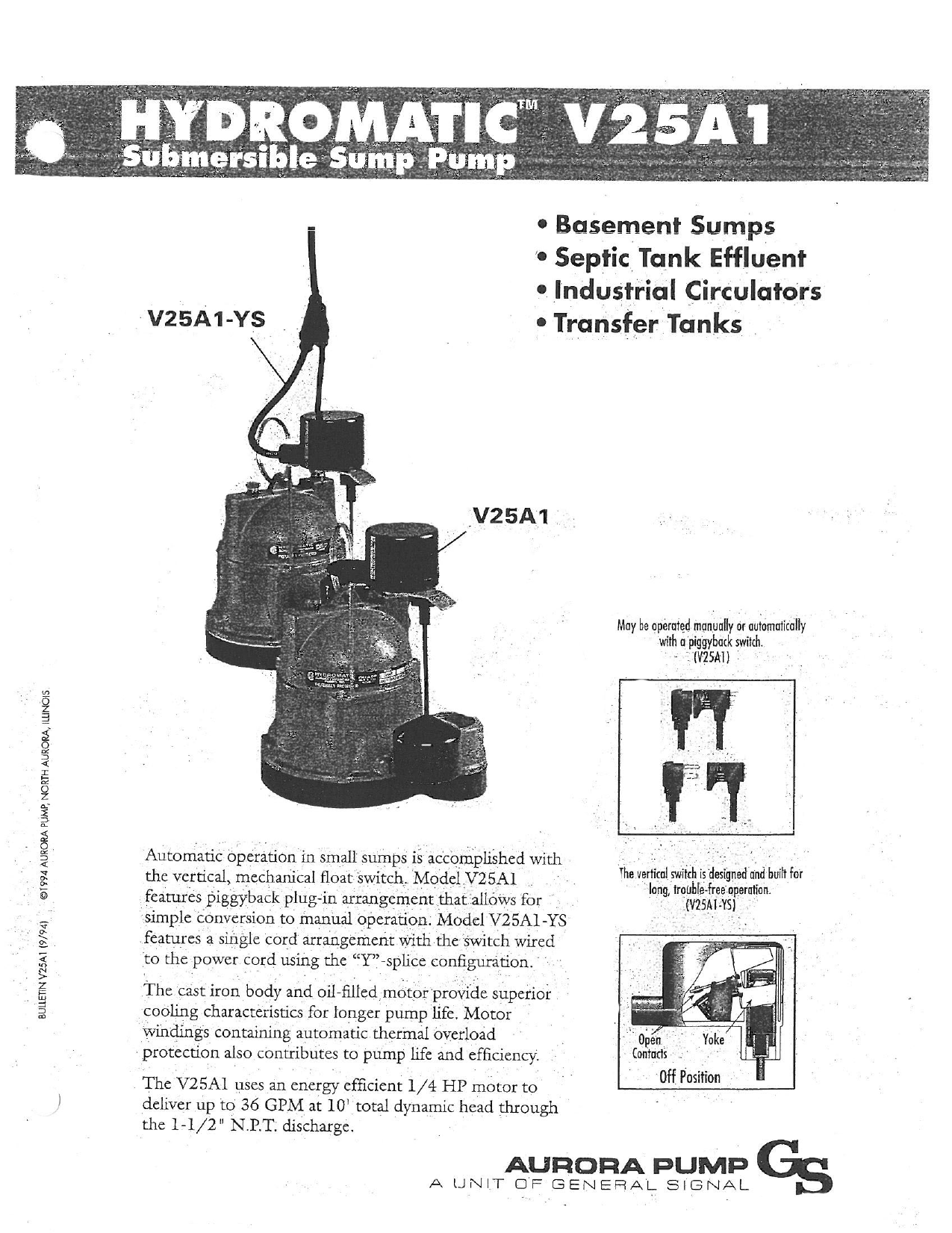 Hydromatic V25A1 Submersible Sump Pump Specification | Manualzz