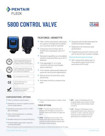 Pentair Fleck 5800 Control Valve XTRi, XTR2, SXT, LXT Specifications | Manualzz