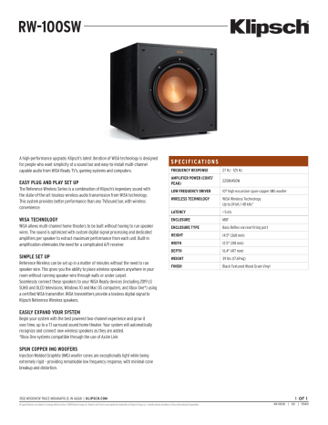 Klipsch RW-100SW Subwoofer - Reference Wireless Spec Sheet | Manualzz