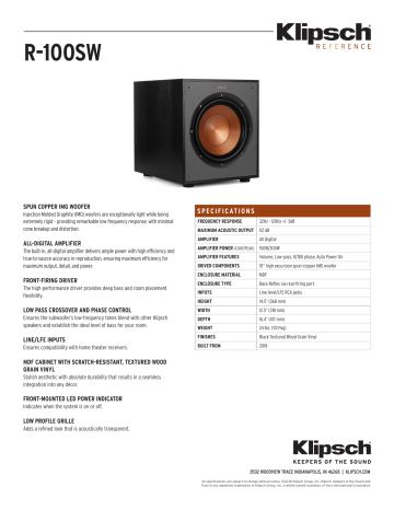 Klipsch R-100SW Subwoofer Spec Sheet | Manualzz