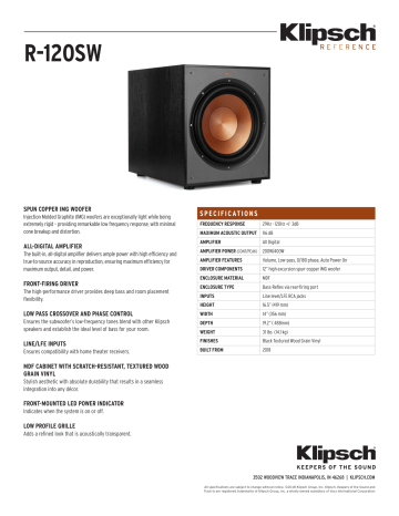 Klipsch R-120SW Subwoofer Spec Sheet | Manualzz