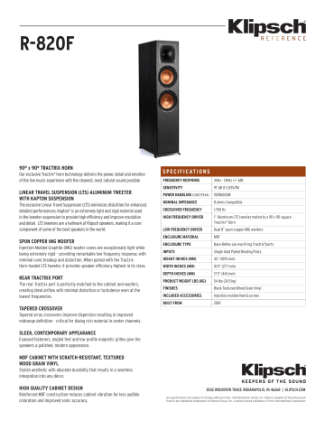 Klipsch R-820F Floorstanding Speaker Spec Sheet | Manualzz