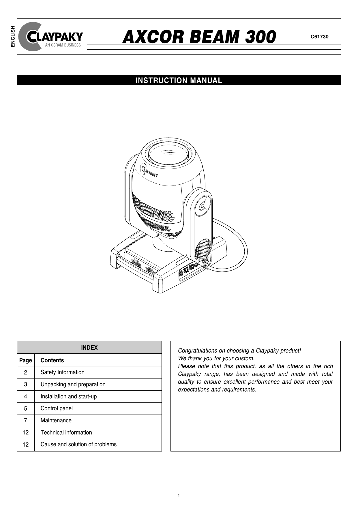 Clay Paky Axcor Beam 300 Manual 100% Originalused | www.pinnaxis.com