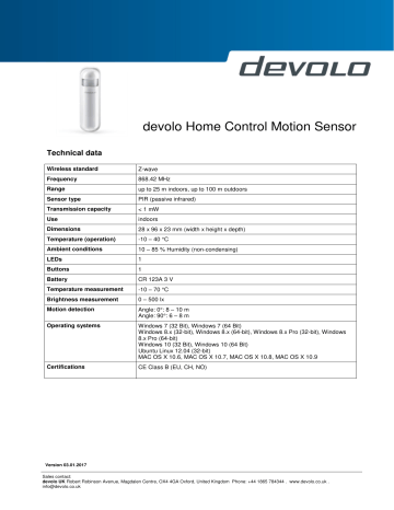 Devolo Home Control Motion Sensor Data Sheet | Manualzz
