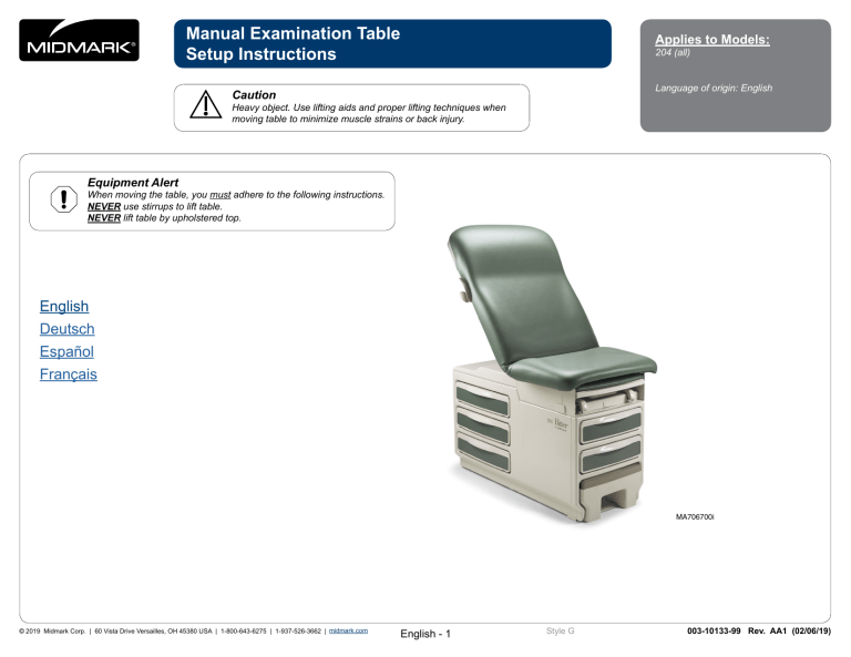 Midmark 204 Examination Table Installation guide | Manualzz