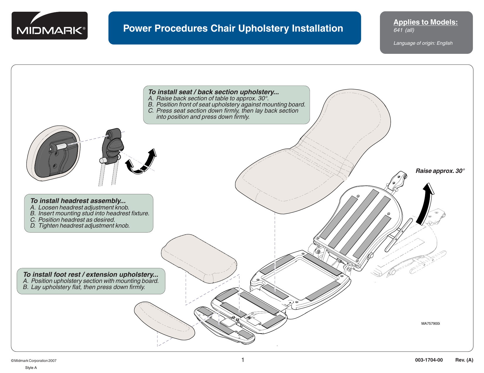 Midmark 641 Power Procedures Chair Installation guide | Manualzz
