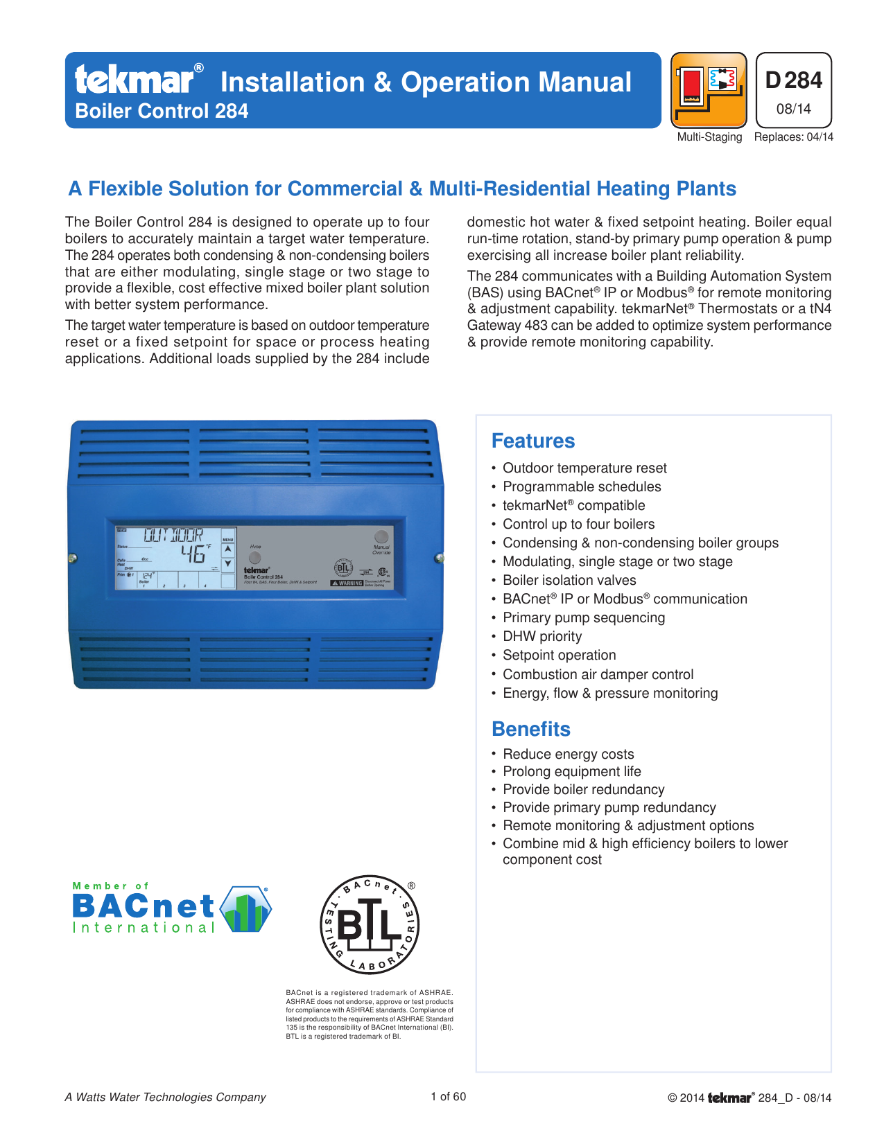 Tekmar Boiler Control 284 Installation & Operation Manual | Manualzz